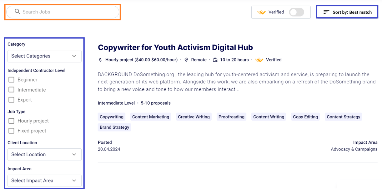 How do I search for jobs on Work for Impact?